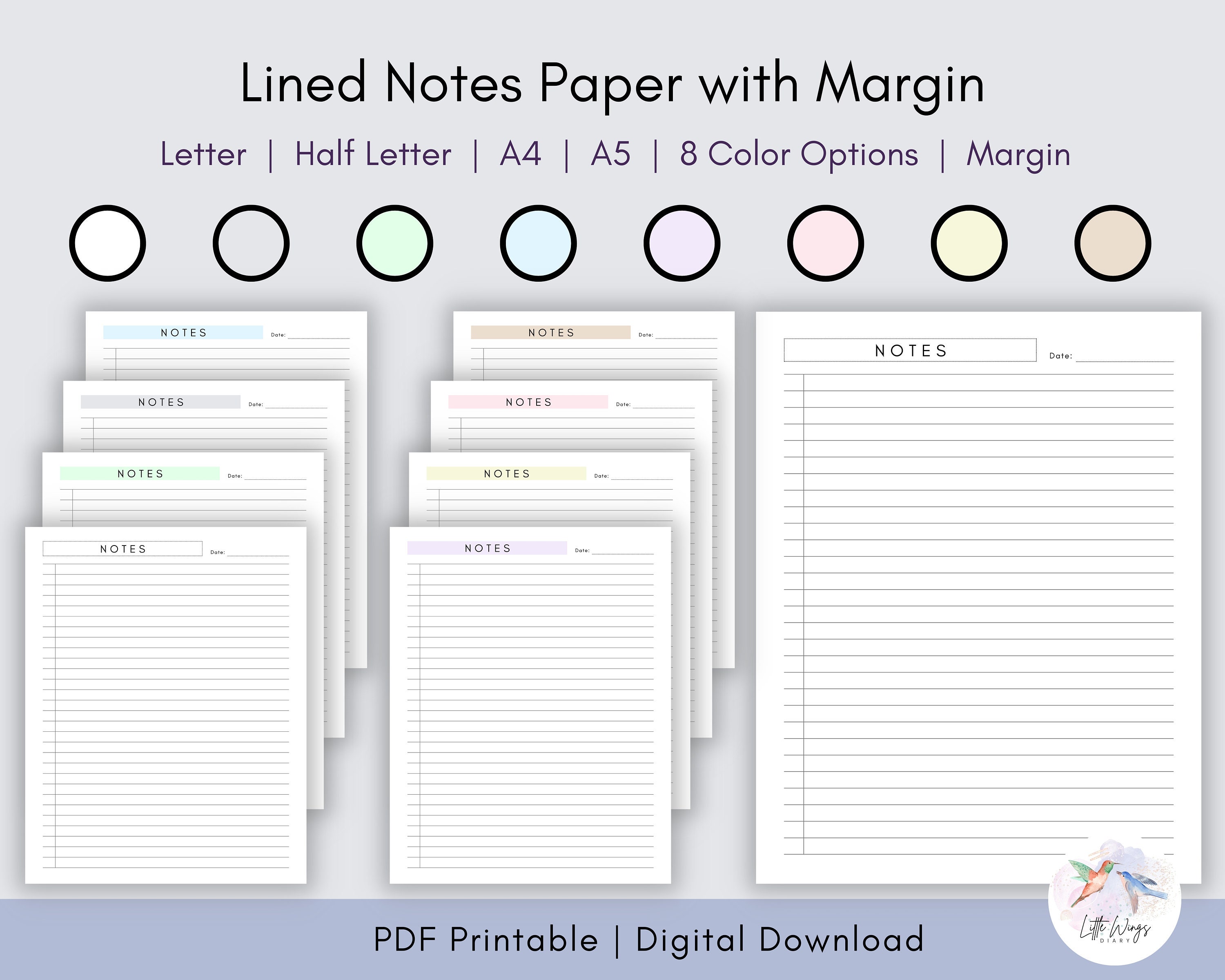 Ruled Lined Notes Paper With Margin Printable Pages Planner Binder ...