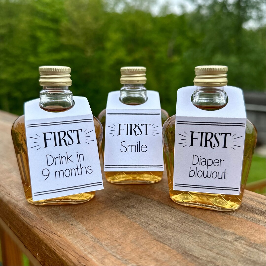 Baby Milestones Mini Liquor Bottle Tags for New Parents, Personalized ...