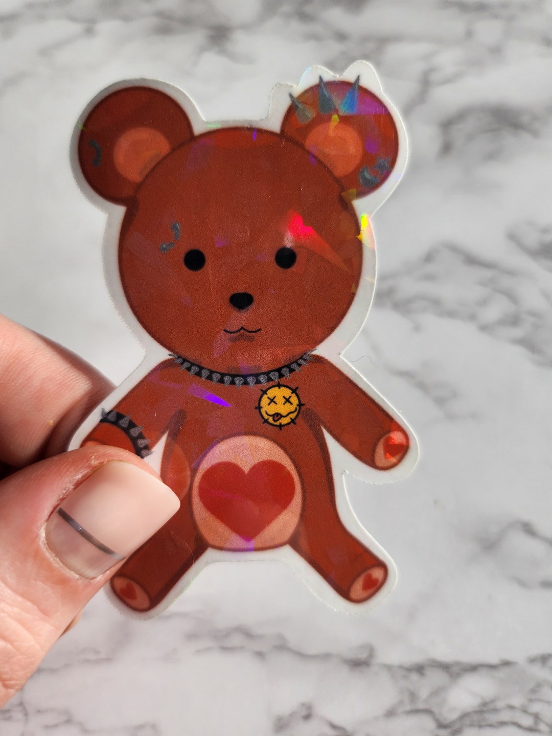 Punk Teddy Bear Sticker, Holographic Vinyl Sticker, Water Resistant ...