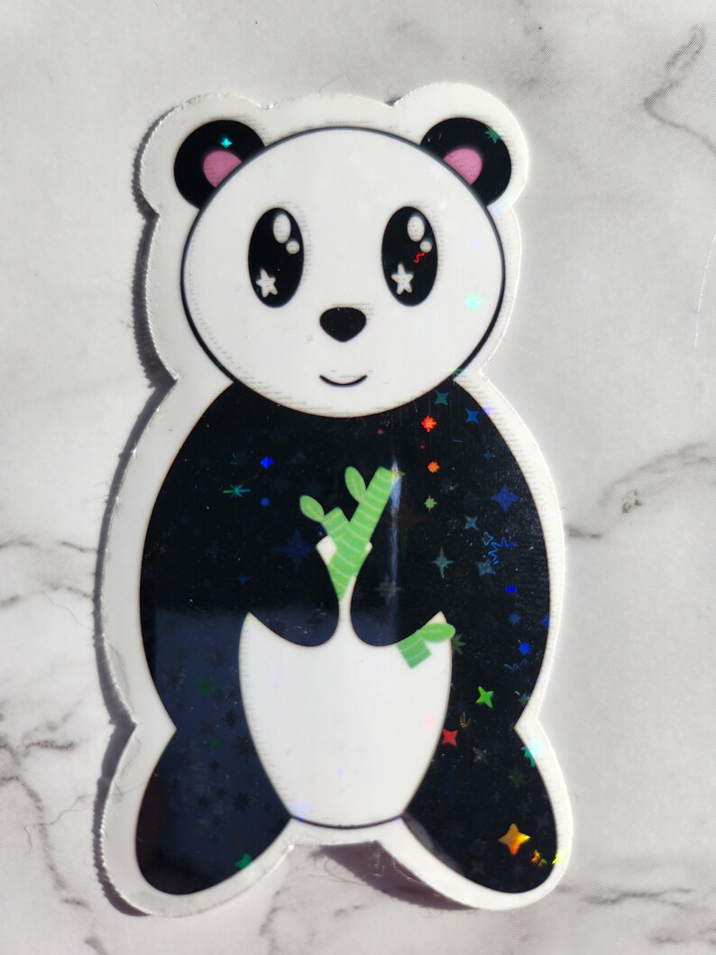 Kawaii Panda Sticker Vinyl, Holographic Decal, Water Resistant, Silver ...