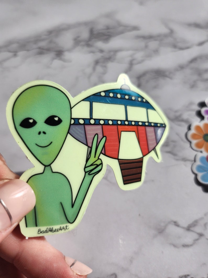 Glow in the Dark Alien Spaceship Sticker, Water Resistant Vinyl Decal ...