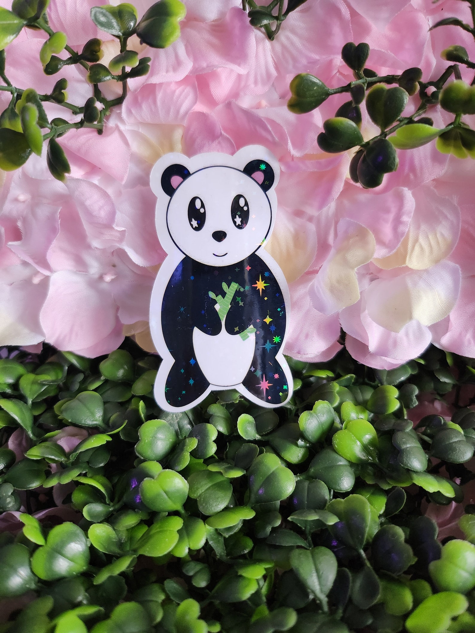 Kawaii Panda Sticker Vinyl, Holographic Decal, Water Resistant, Silver ...