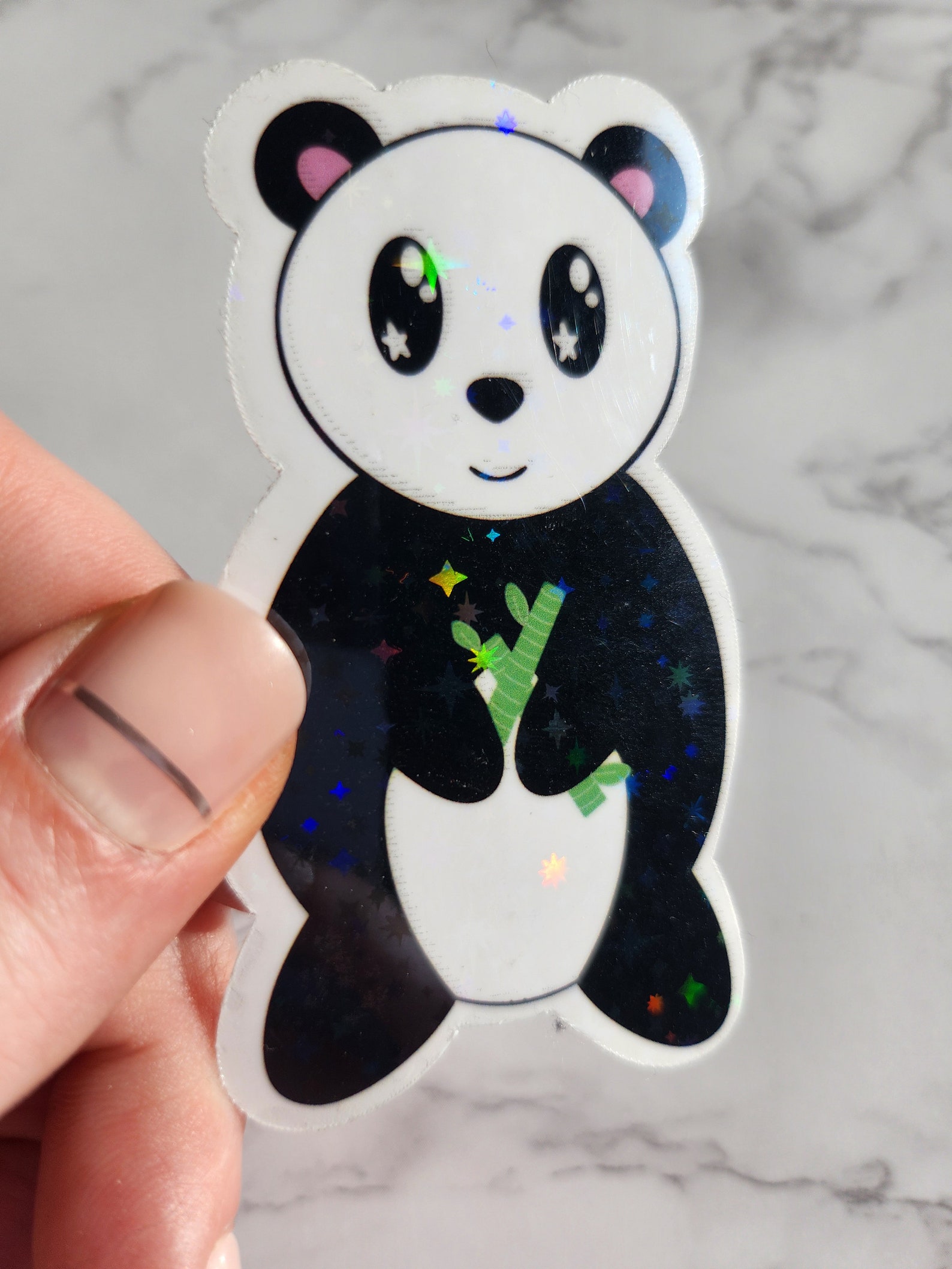 Kawaii Panda Sticker Vinyl, Holographic Decal, Water Resistant, Silver ...