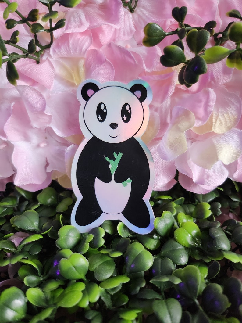 Kawaii Panda Sticker Vinyl, Holographic Decal, Water Resistant, Silver ...
