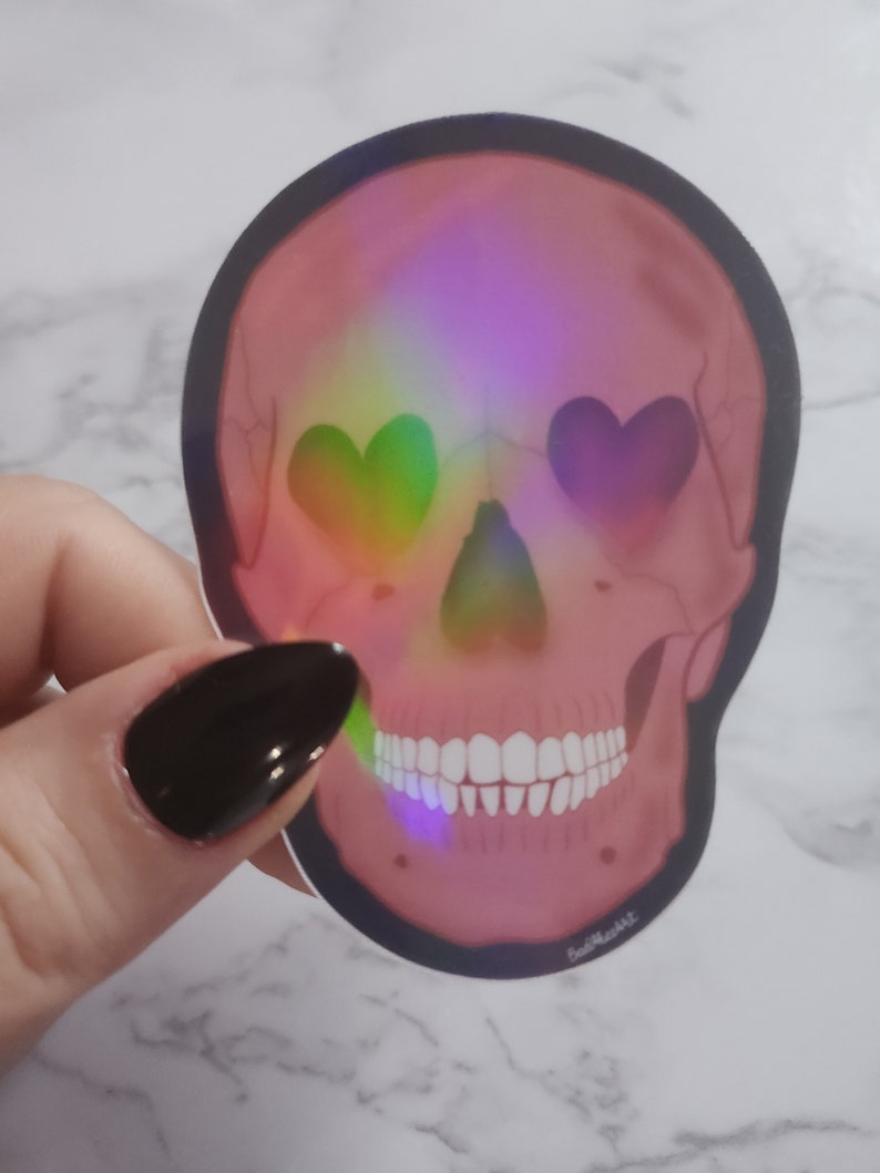 Pink Skull Heart Eyes Sticker, Holographic Waterproof Decal, Handmade ...