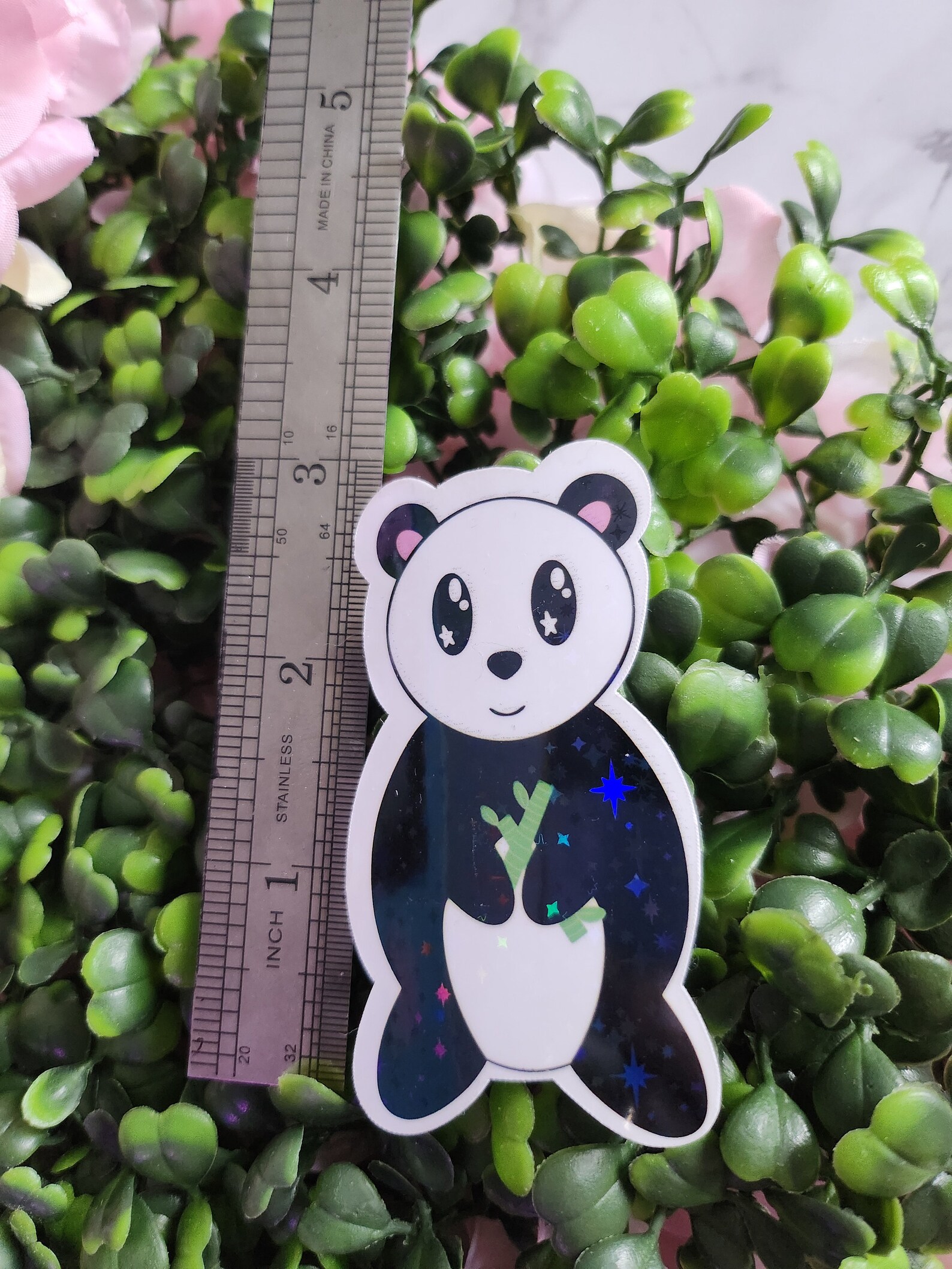 Kawaii Panda Sticker Vinyl, Holographic Decal, Water Resistant, Silver ...