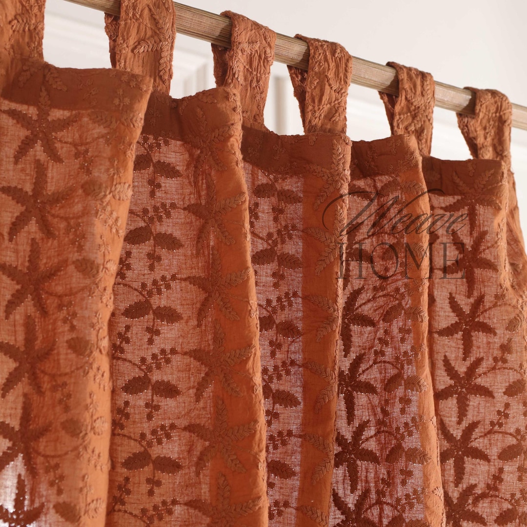 Boho Rust Curtains With Floral Embroidery - Elegant Light-filtering 2 ...