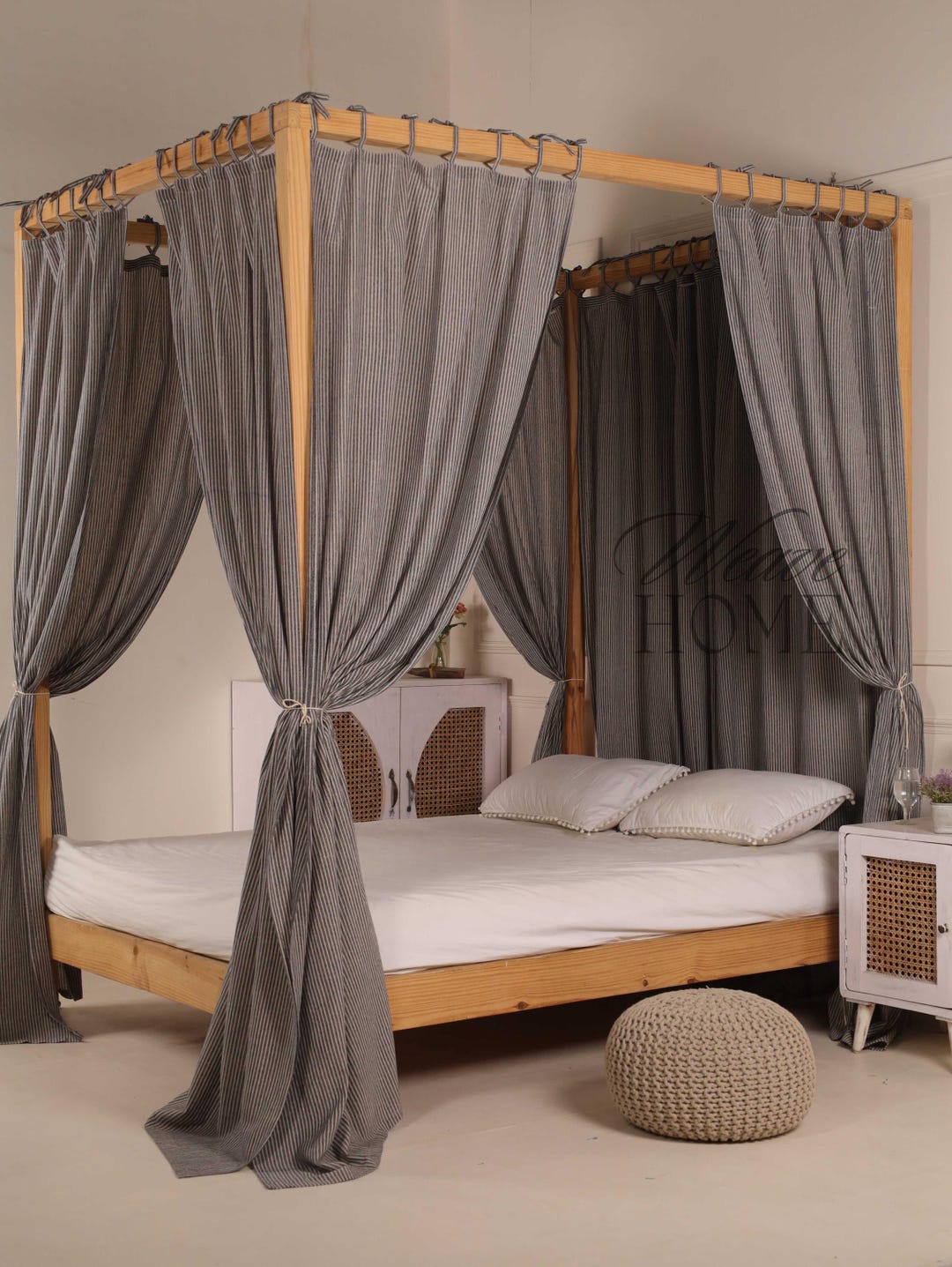 Gauze Linen Tent Bed Canopy Curtains Four Corner Stripe Long TIE TOP ...