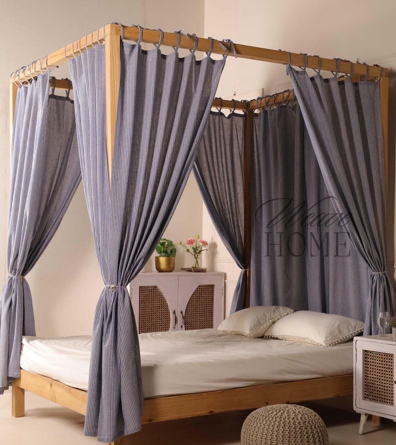 Boho Stripe Bed Canopy Four Corner Blue Base Gauze Linen Bed Curtains ...