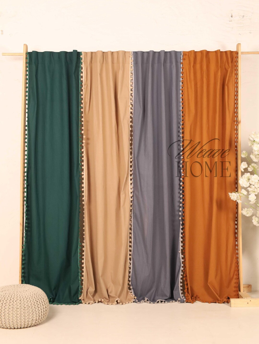 Boho Trim Curtain Back Tab Fringes Pom-pom, Bohemian 2 Panels Cotton ...
