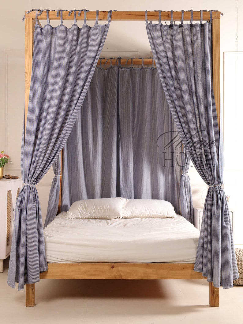 Boho Stripe Bed Canopy Four Corner Blue Base Gauze Linen Bed Curtains ...