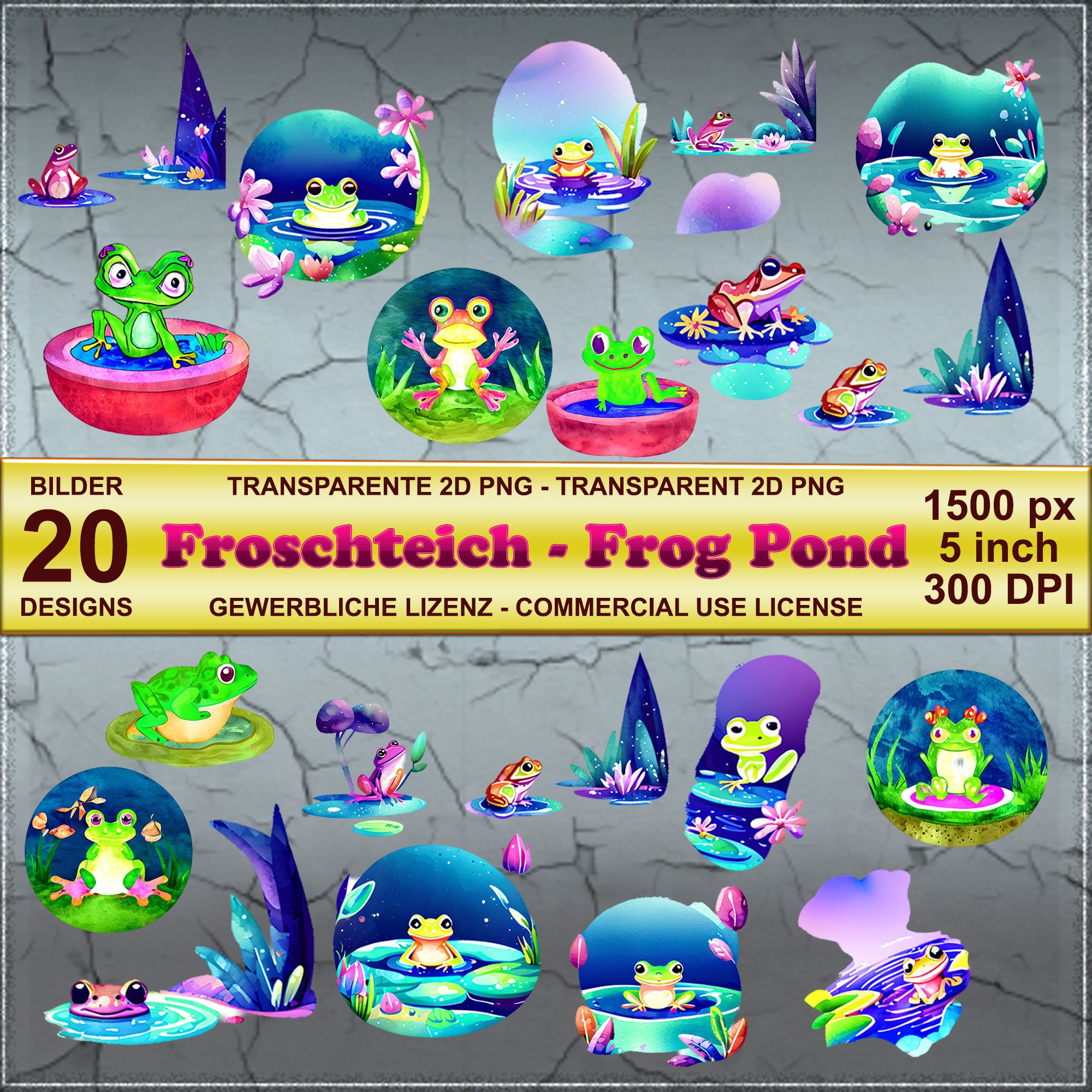 Watercolor Frog Pond 2D PNG Format Commercial Use Instant Download Frog ...