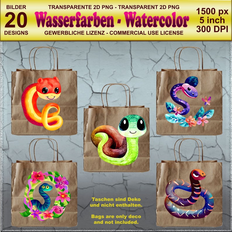 20 Watercolor Snake Cliparts 2D Elegant Snake PNG Graphics, Transparent ...