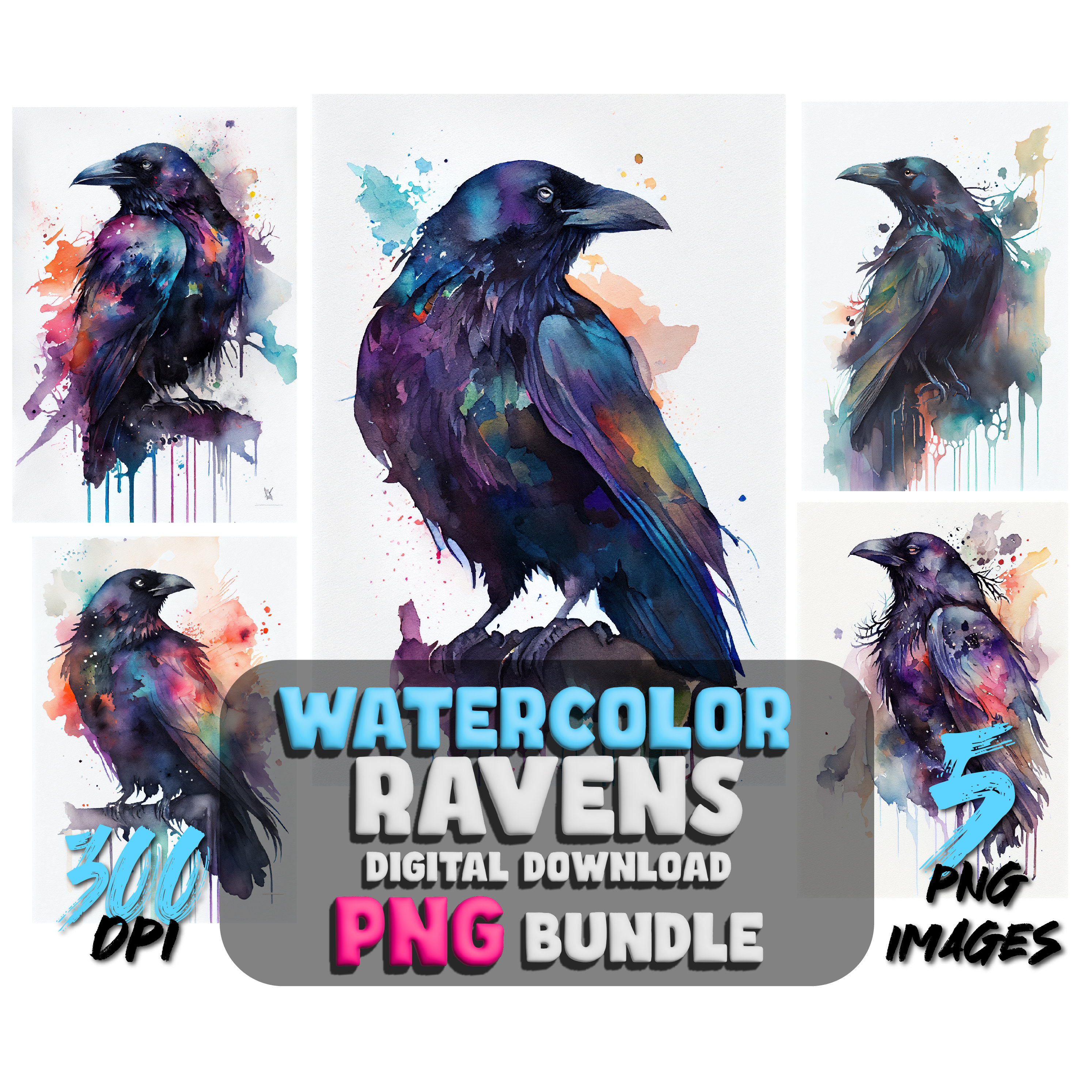 Watercolor Raven Portraits: 5 Raven Crow PNG Images Printable Wall Art ...