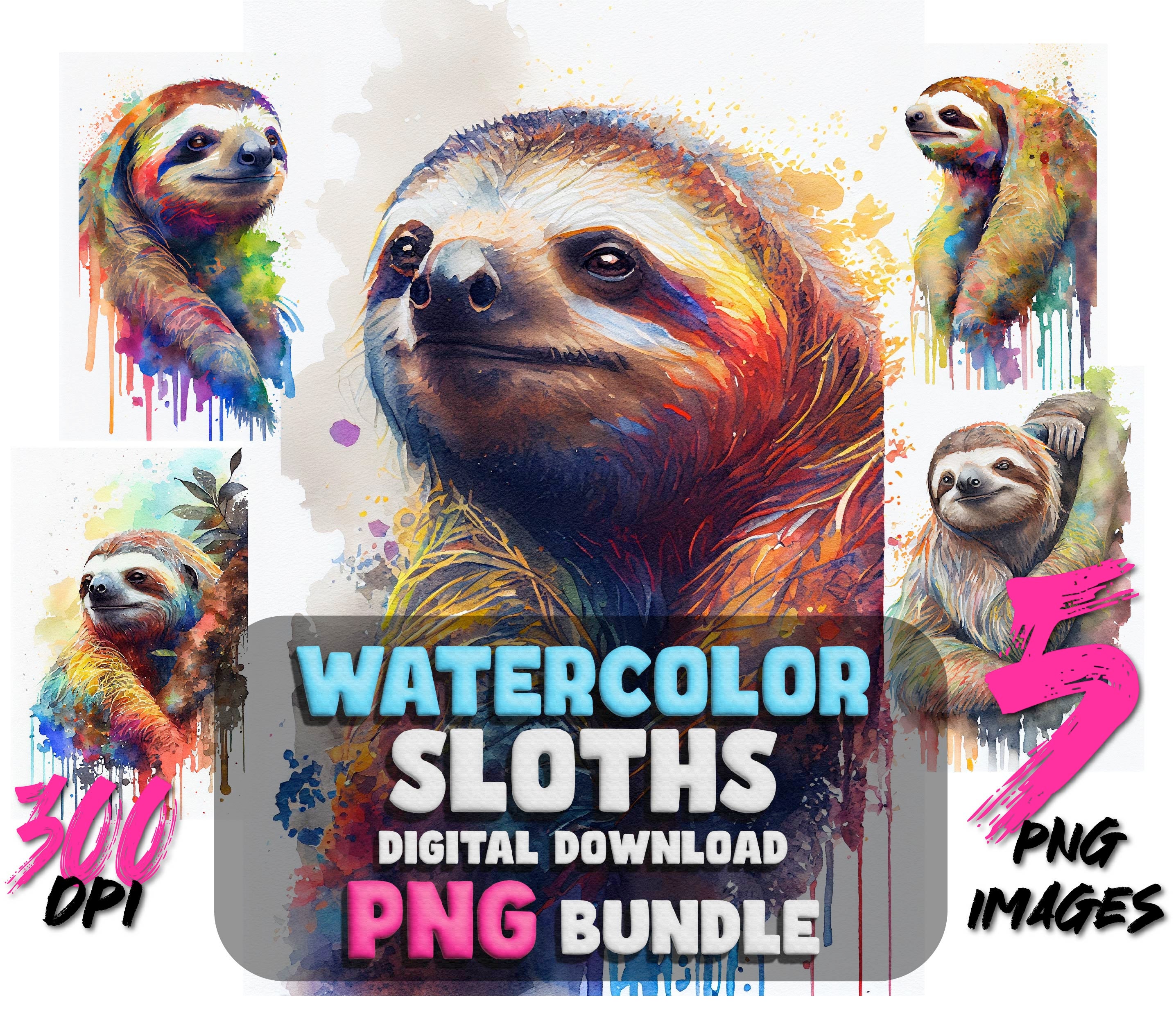 Watercolor Sloths: 5 Sloth Images PNG White Background Design Animal ...