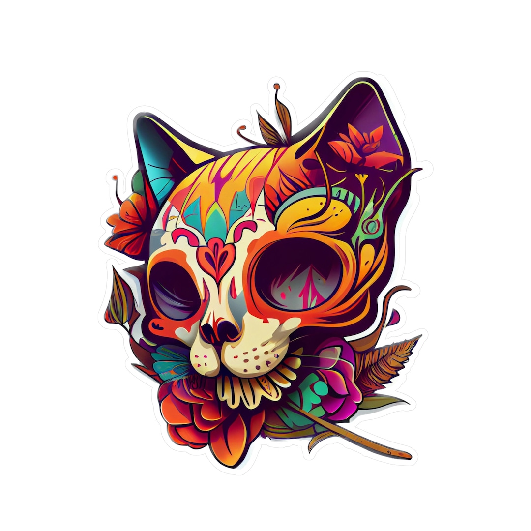 Feline Day of the Dead Sugar Skull Cat Sticker : A Colorful and ...