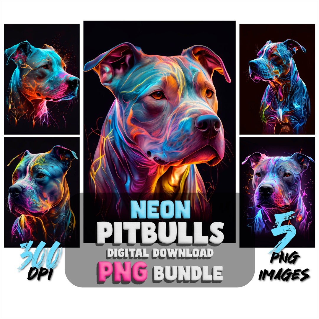 Neon Pitbull Portraits: 5 Pitbull Dog PNG Images - Printable Wall Art ...