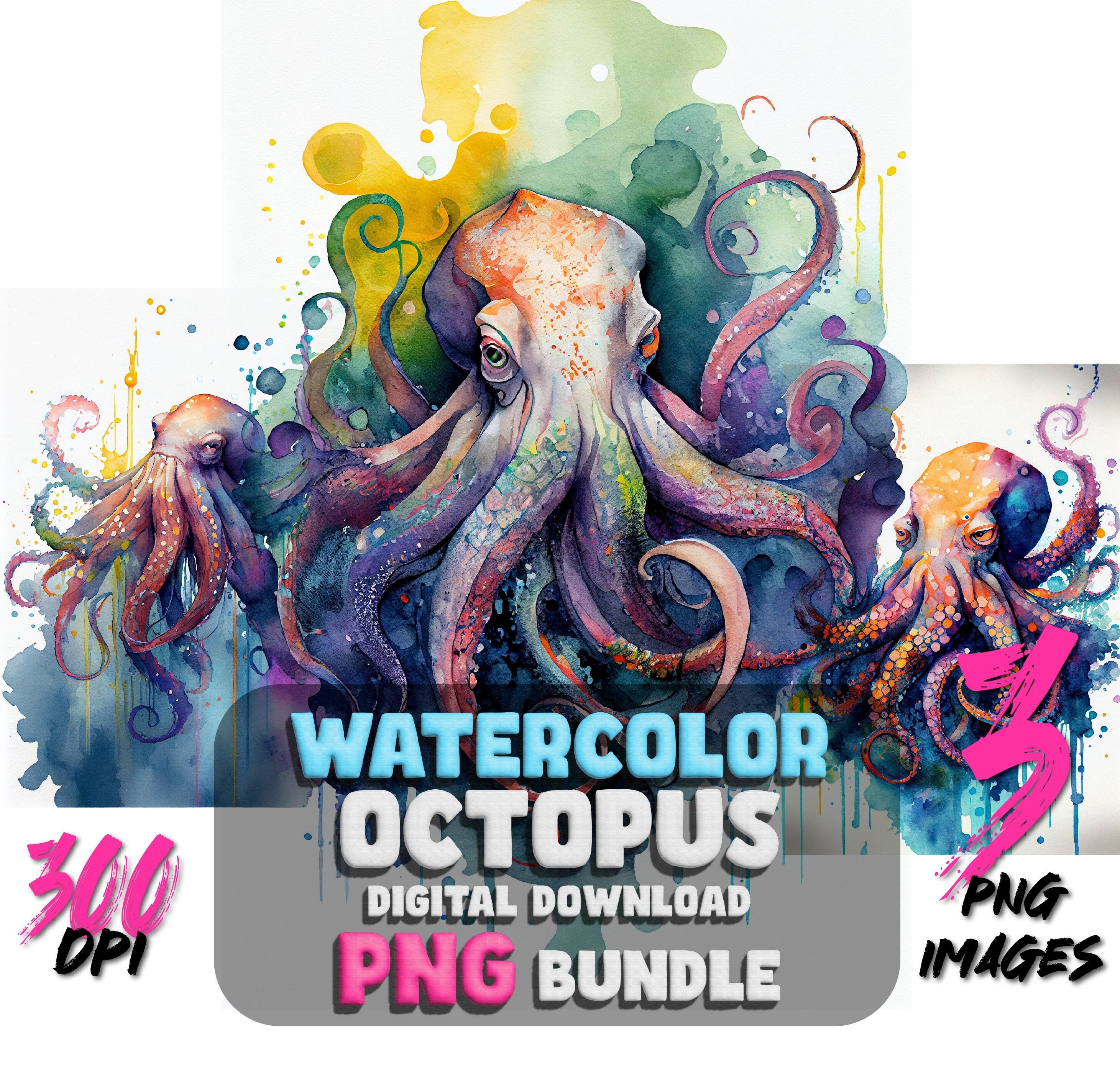 Watercolor Octopus: 3 Octopi Images PNG White Background Design Animal ...