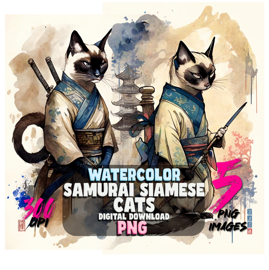 Samurai Siamese Cats Watercolor PNG: 5 Feline Images (digital Download ...