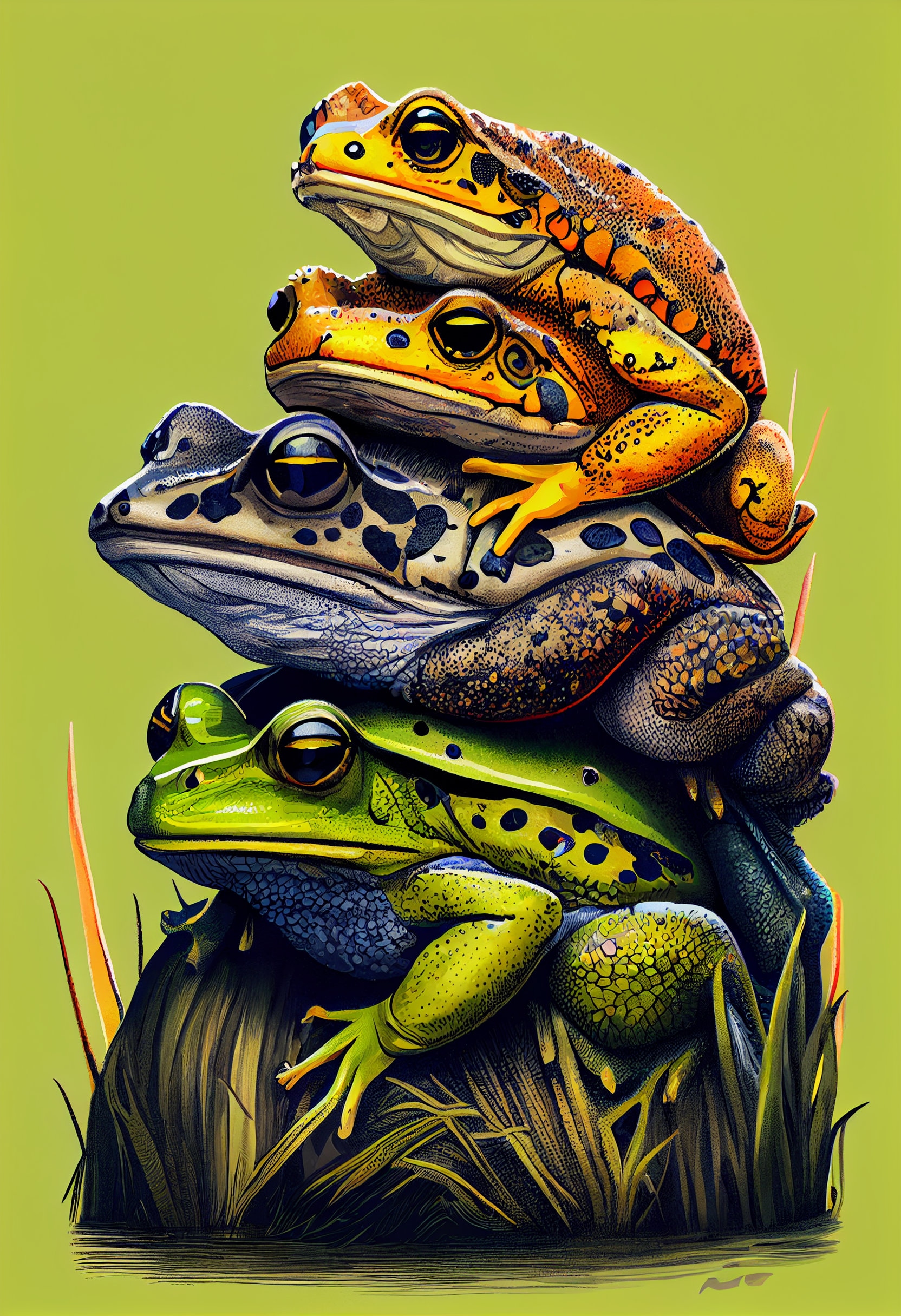 Army of Frogs: 5 Frog Stack PNG Images Printable Wall Art Design ...