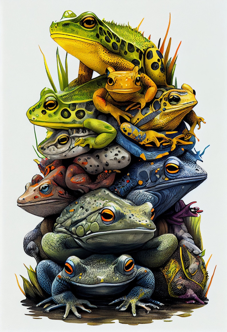 Army of Frogs: 5 Frog Stack PNG Images Printable Wall Art Design ...