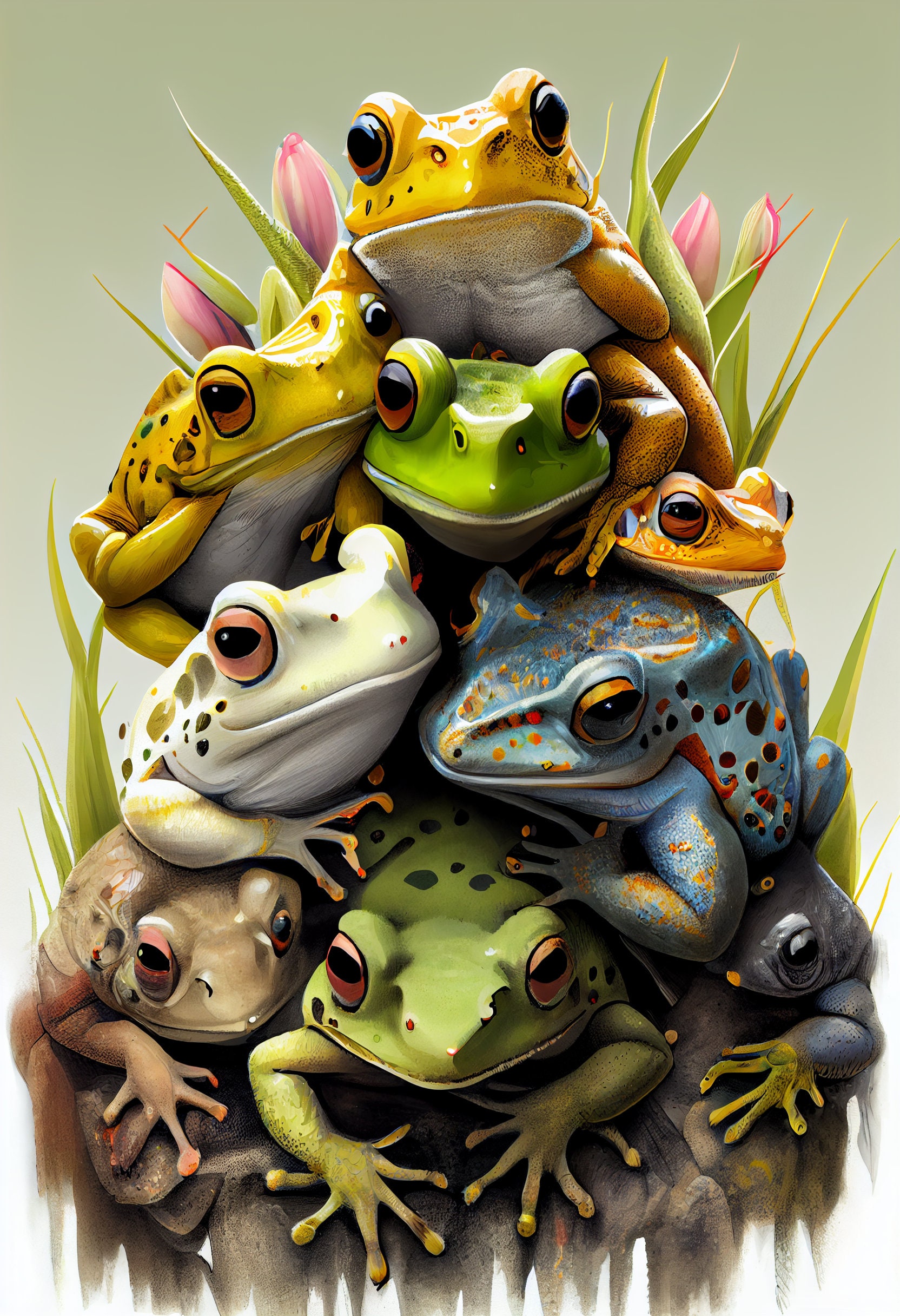 Army of Frogs: 5 Frog Stack PNG Images Printable Wall Art Design ...