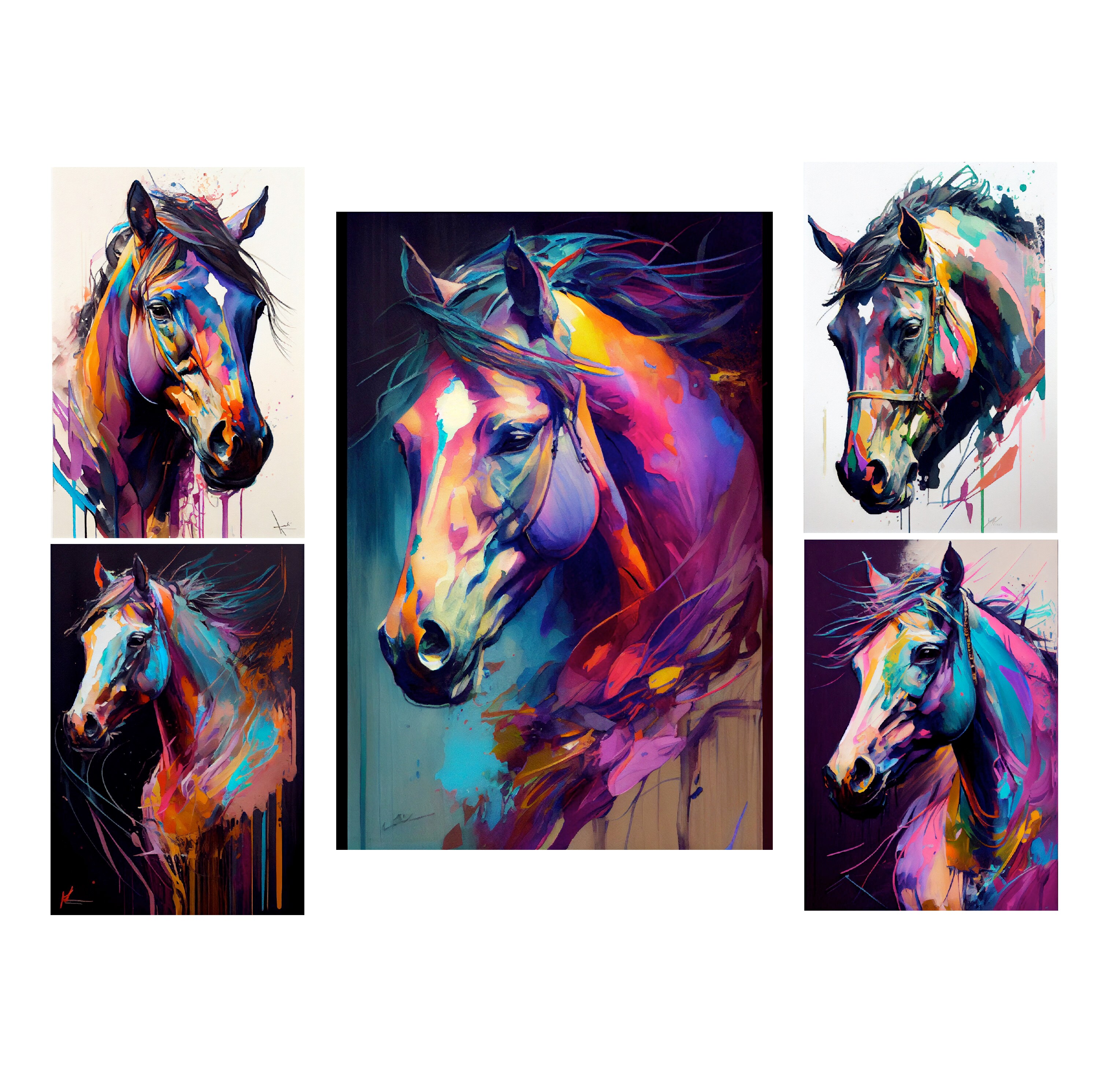 Painted Horse Portraits: 5 Horse PNG Images Printable Wall Art Design ...