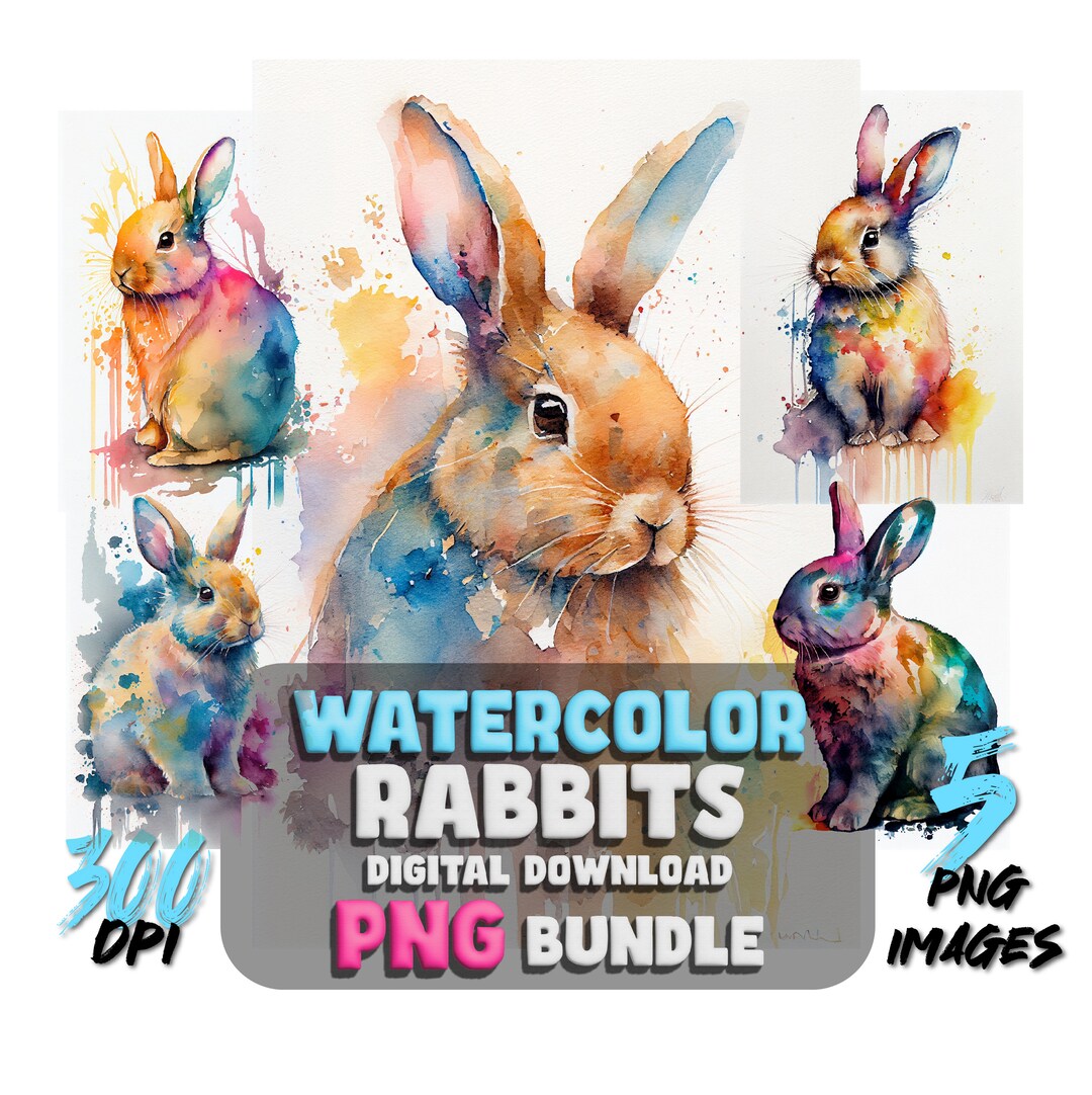 Watercolor Rabbit Portraits: 5 Easter Bunny PNG Images - Printable Wall ...