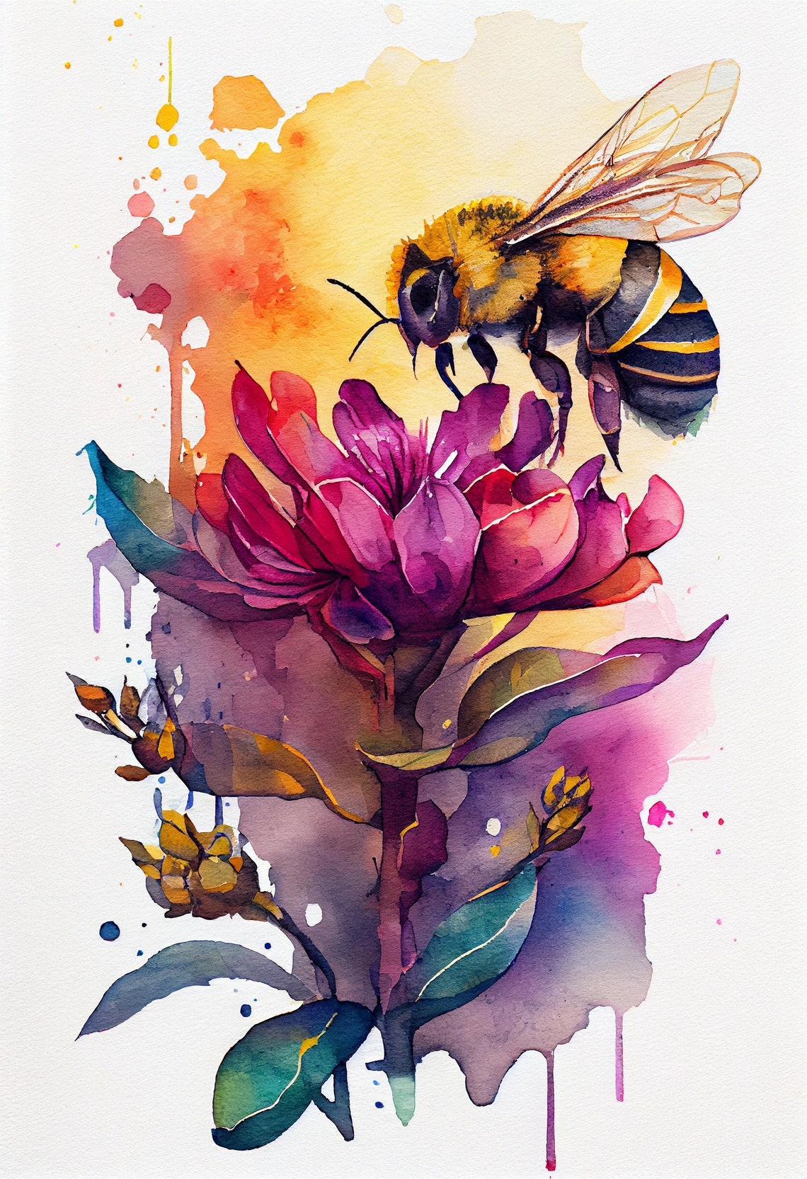 Watercolor Bee With Flowers PNG, Bee Digital Clipart, Bee Sublimation ...