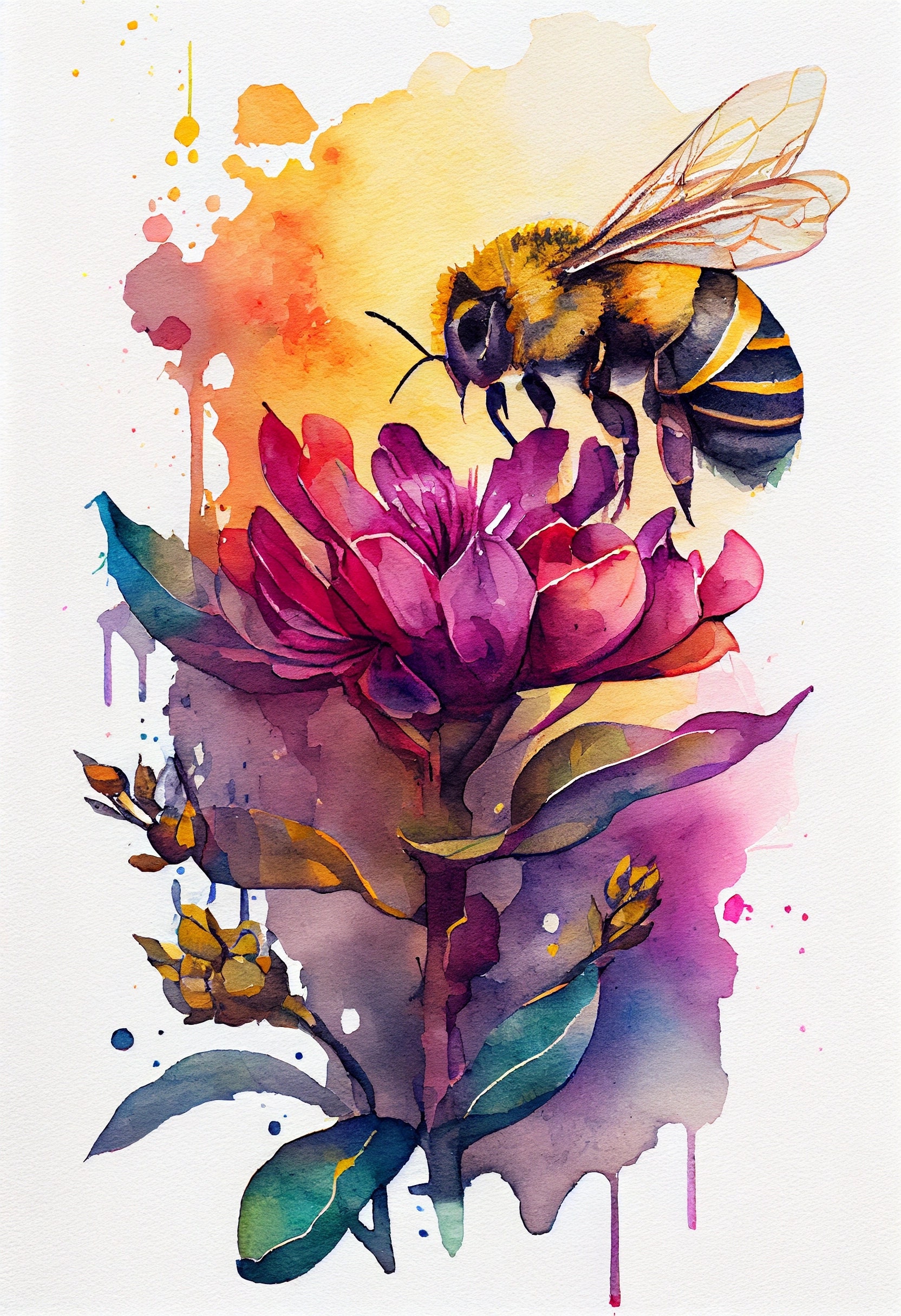 Watercolor Bee With Flowers PNG, Bee Digital Clipart, Bee Sublimation ...