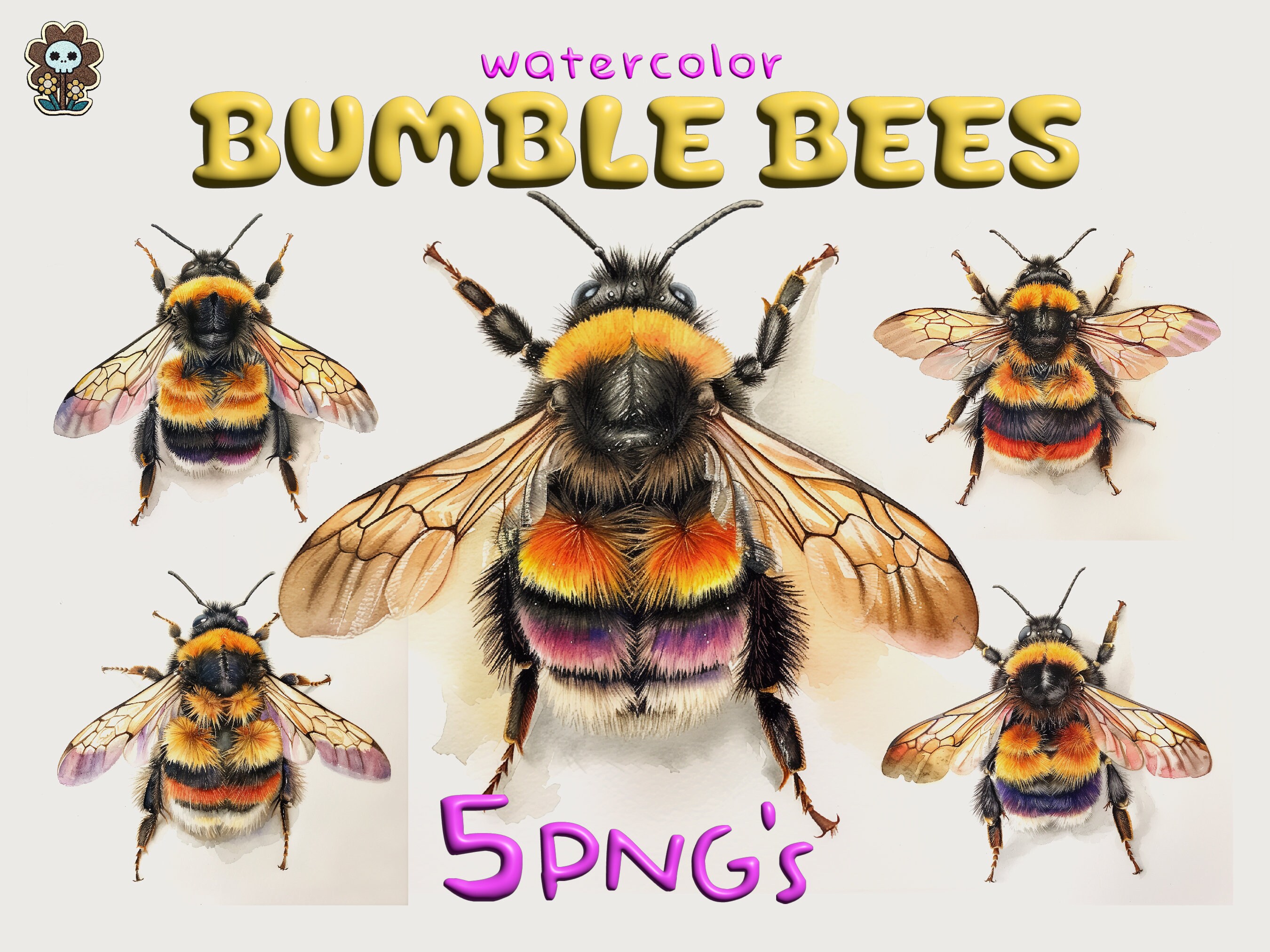 Watercolor Bumble Bee With Flowers PNG, Bee Digital Clipart, Bee ...