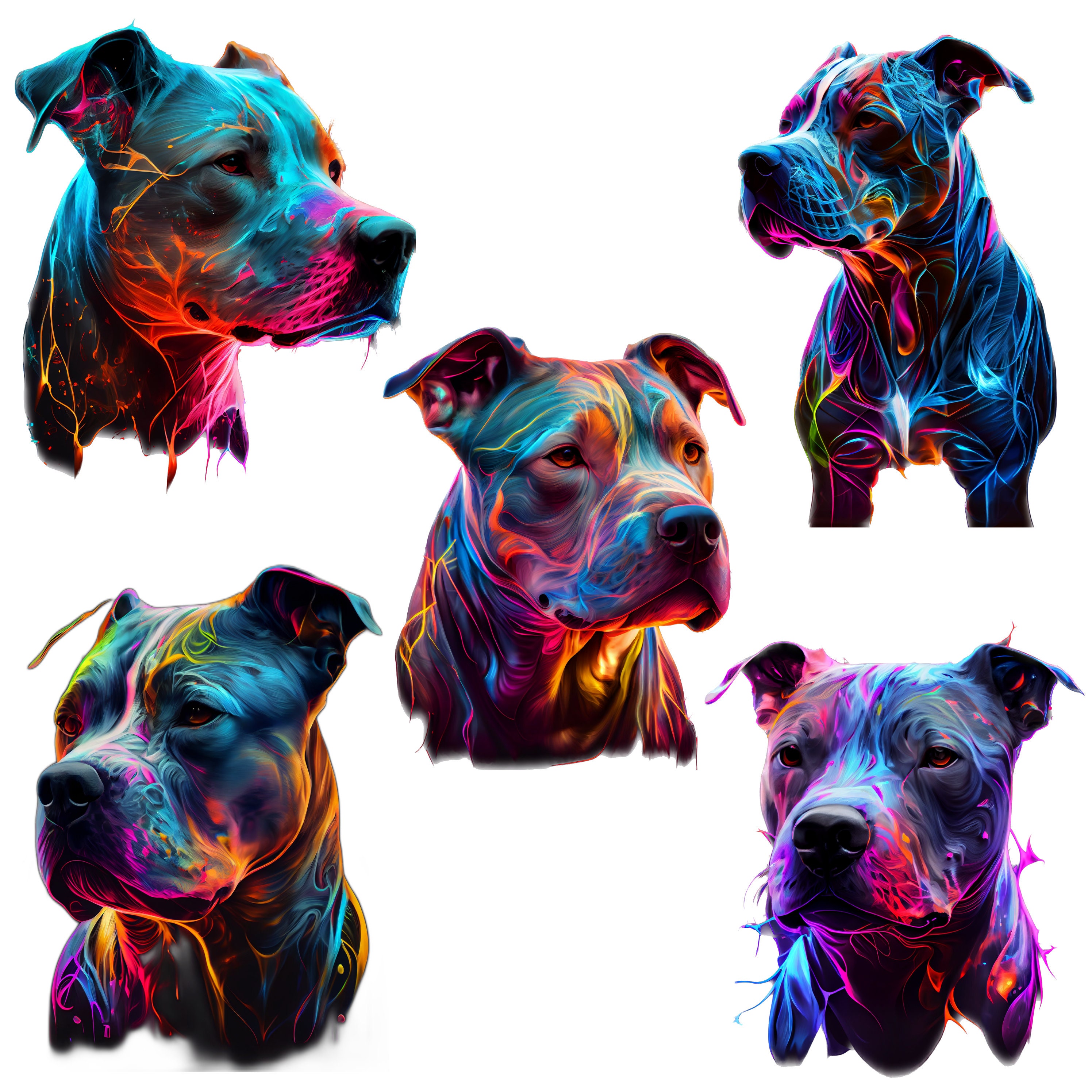 Neon Pitbull Portraits: 5 Pitbull Dog PNG Images Printable Wall Art ...