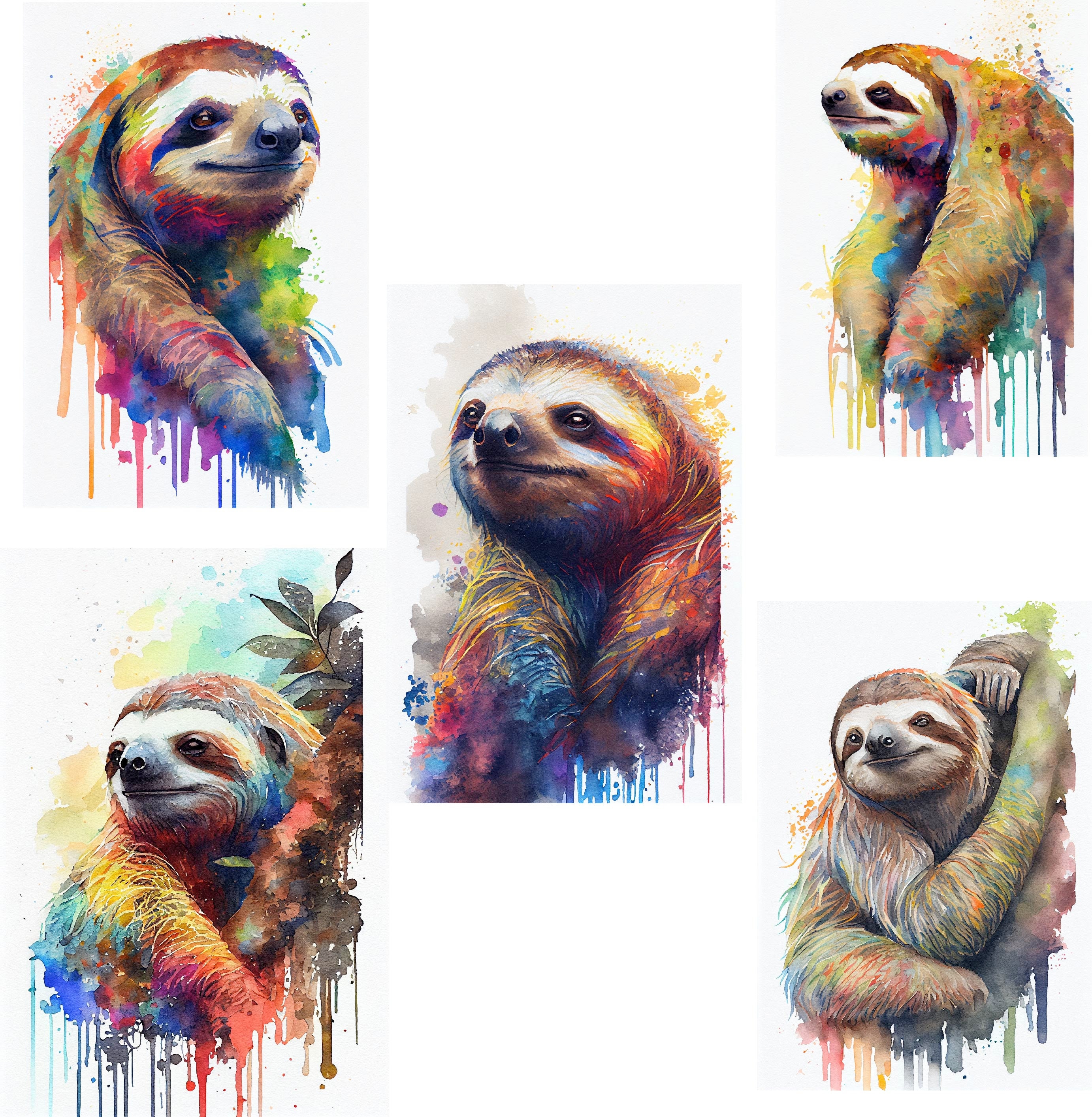 Watercolor Sloths: 5 Sloth Images PNG White Background Design Animal ...