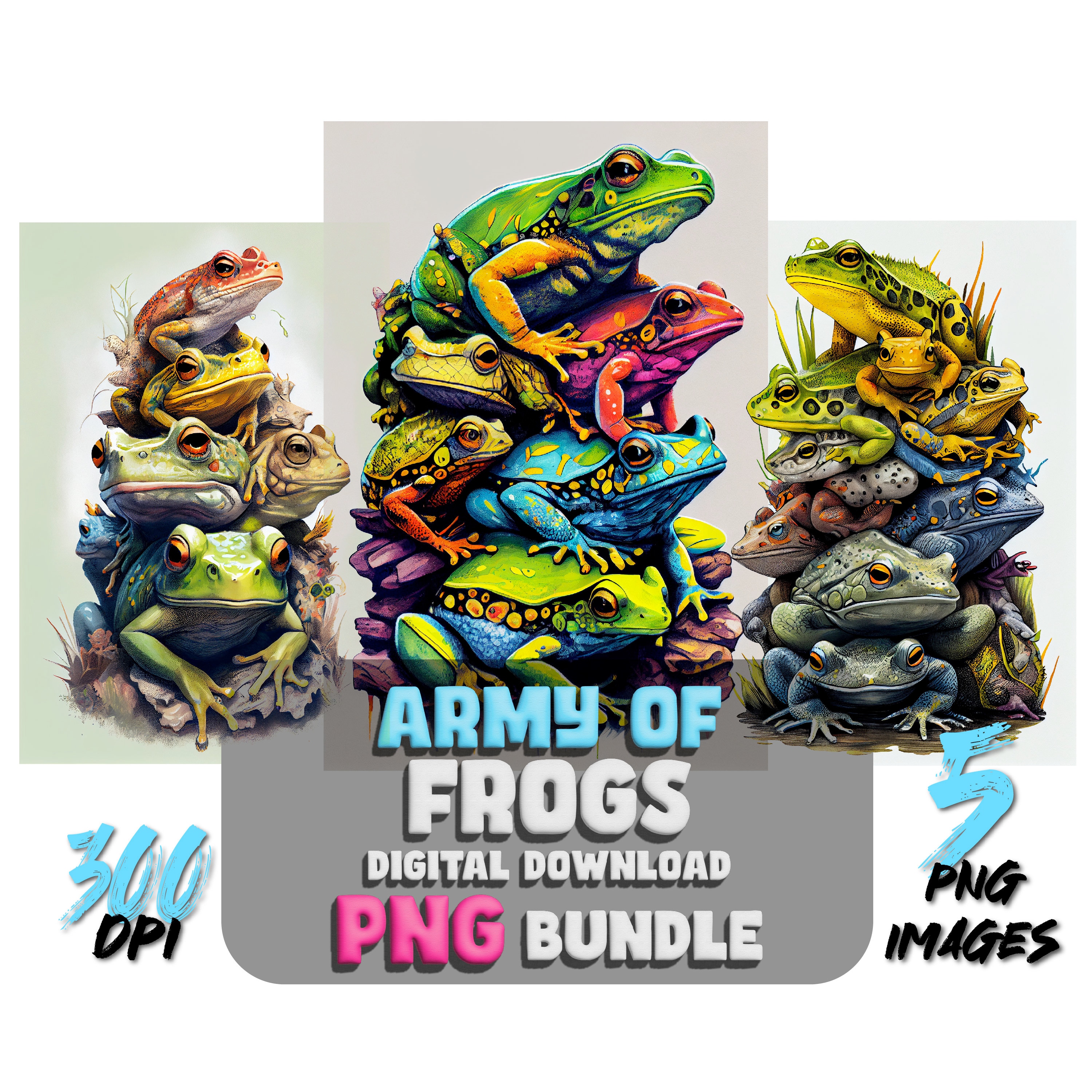 Army of Frogs: 5 Frog Stack PNG Images Printable Wall Art Design ...
