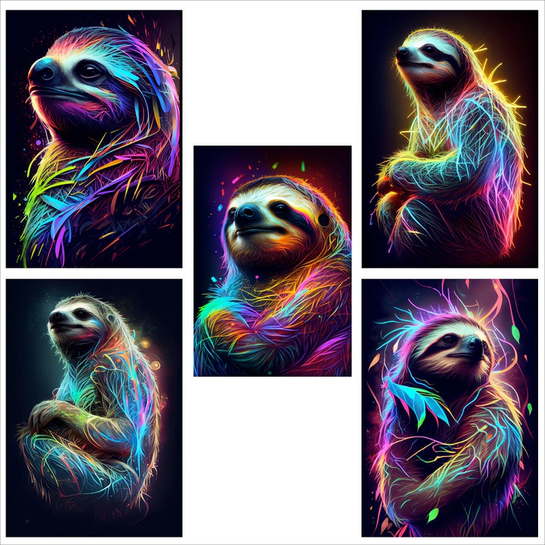 Neon Sloths: 5 Sloth Images PNG Dark Background Design - Etsy