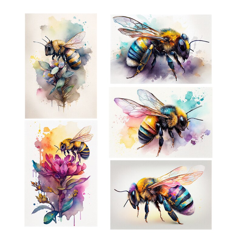 Watercolor Bee Clipart: Floral Bumble Bee PNG Bundle (digital Download ...