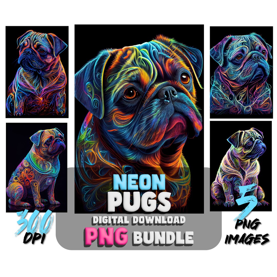 Neon Pug Portraits: 5 PNG Images (digital Download) - Etsy