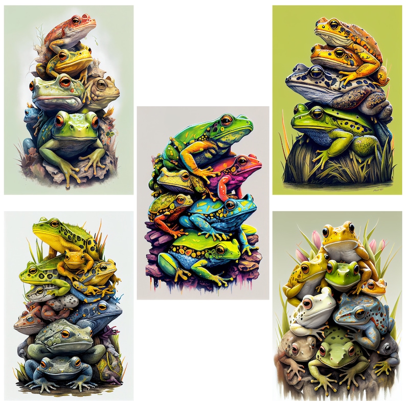 Army of Frogs: 5 Frog Stack PNG Images Printable Wall Art Design ...