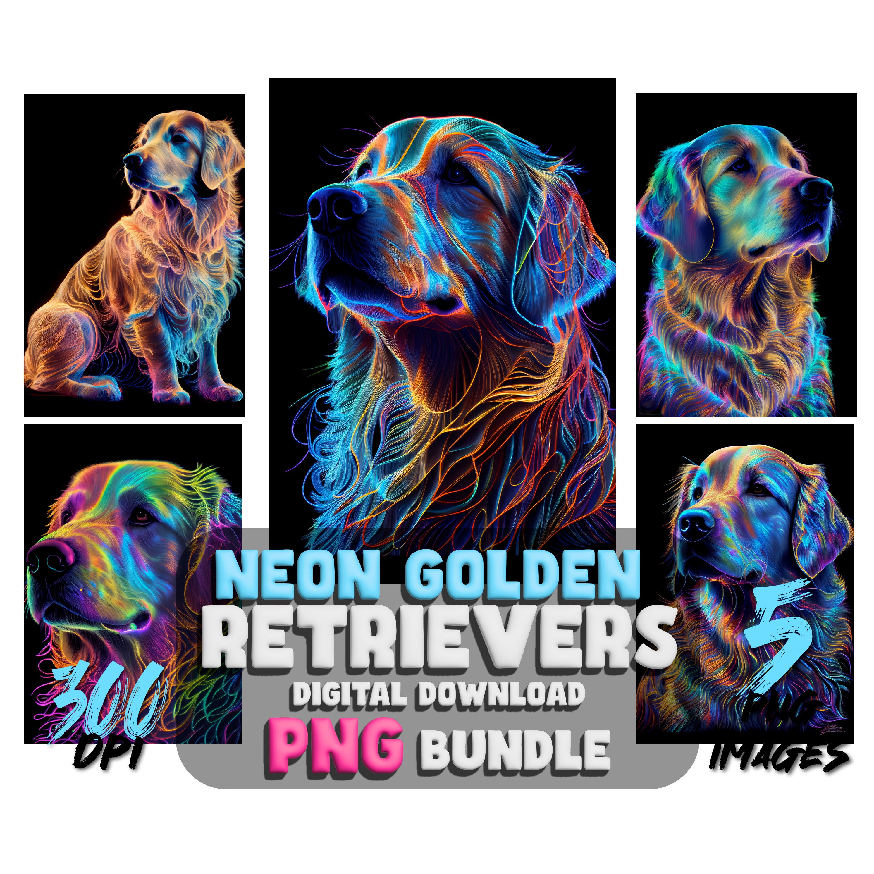 Neon Golden Retriever Portraits: 5 Golden Retriever PNG Images - Etsy