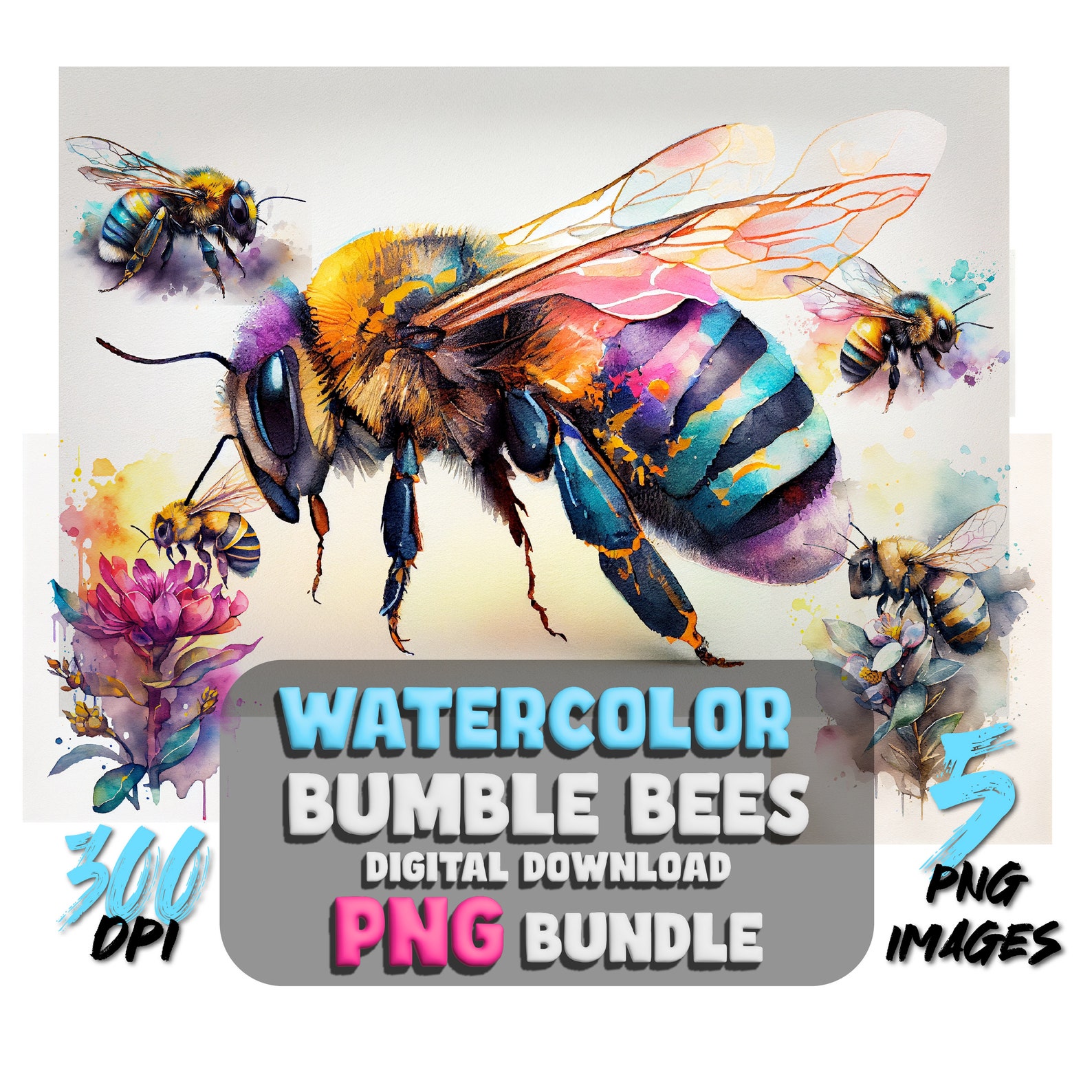 Watercolor Bee With Flowers PNG, Bee Digital Clipart, Bee Sublimation ...