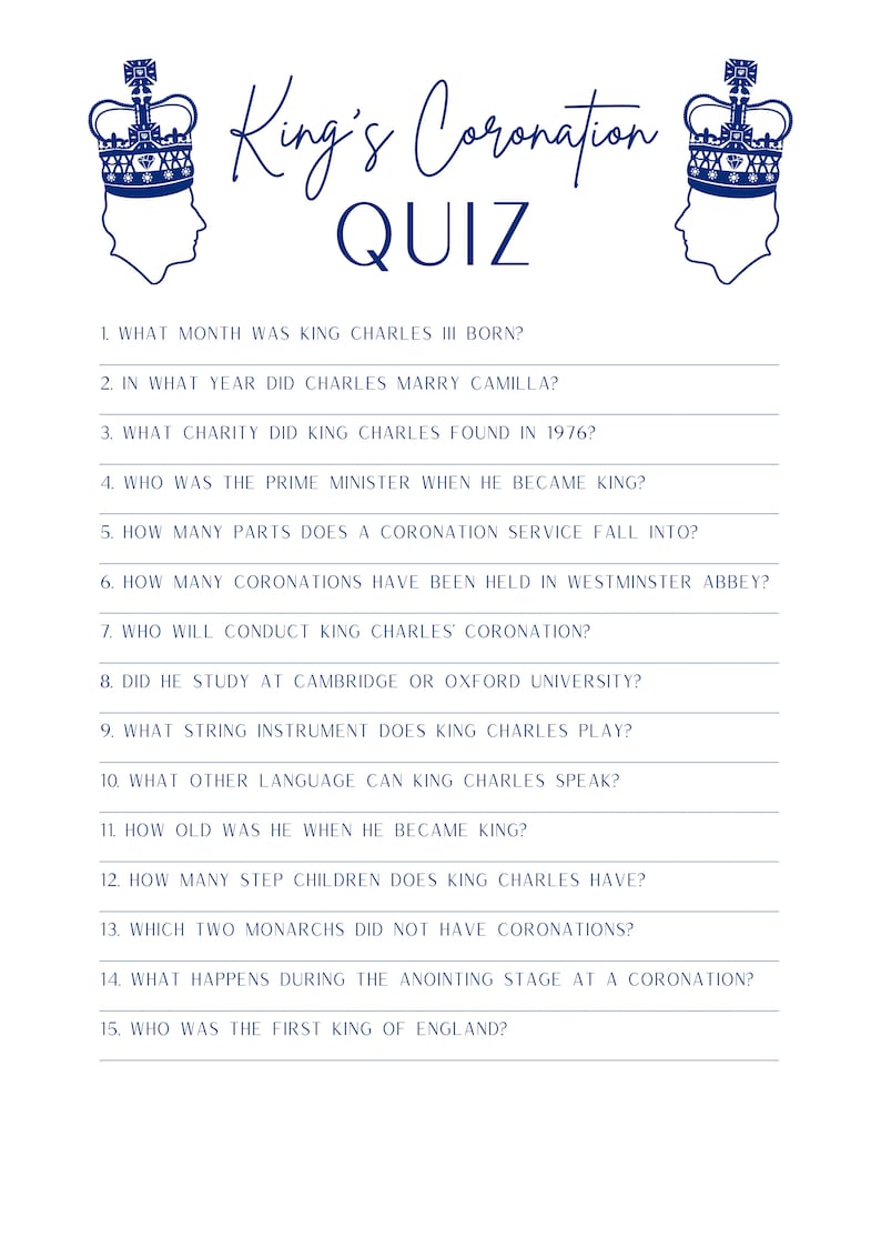 Coronation Quiz King Charles III, Party Games, Instant Digital Download ...