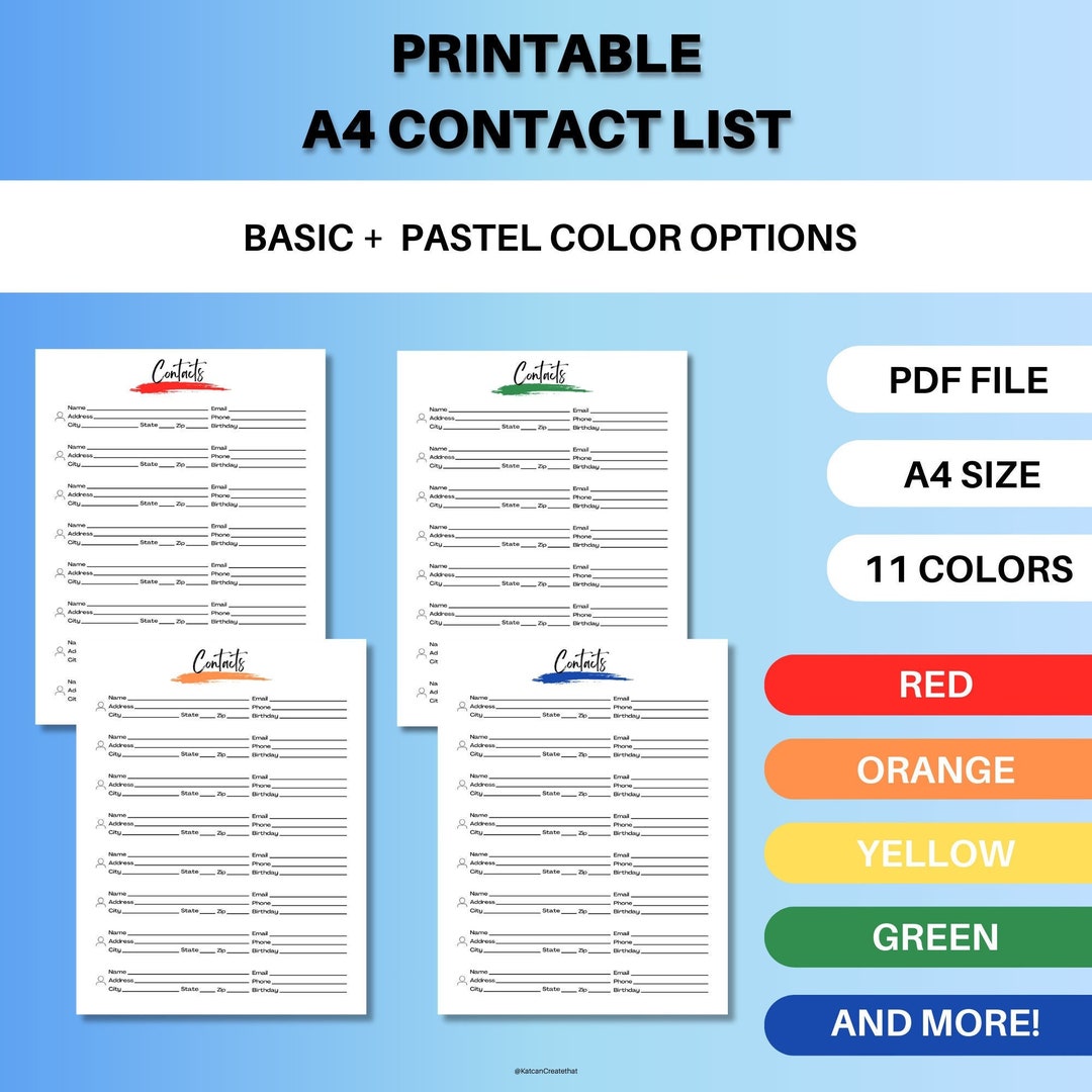 A4 Contact List With Multiple Color Options – Instant Download - Etsy