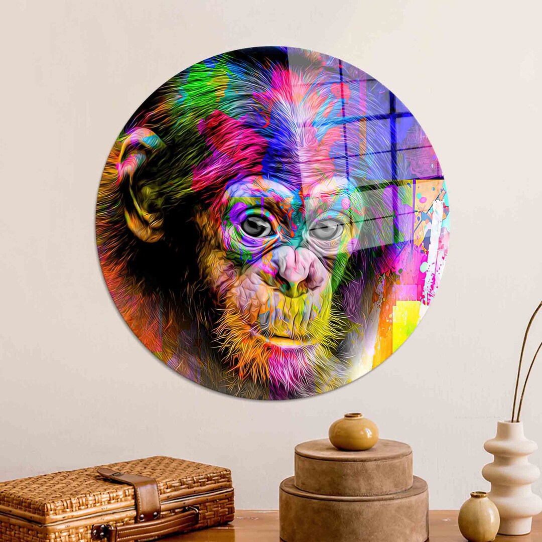Colorful Chimp Tempered Glass Wall Art: Abstract Monkey Painting - Etsy