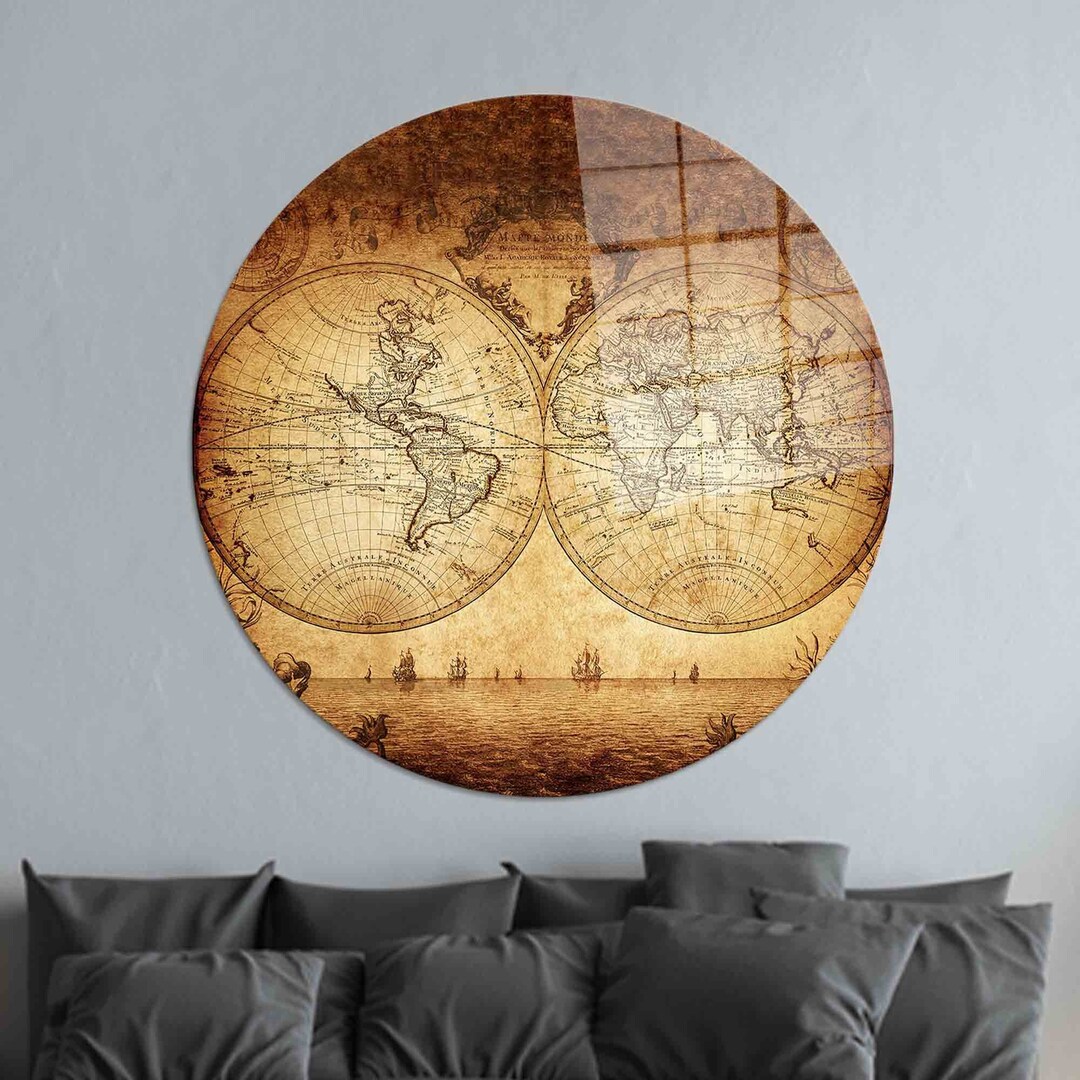 Tempered Glass, Mural Art, Glass Printing, Vintage World Map, Brown ...
