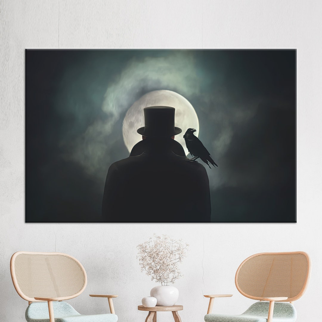 Man and Raven Canvas Art: Night Scene Print, Abstract Wall Decor - Etsy