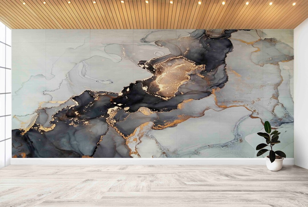 Alcohol Ink Wall Painting,3d Wall Paper,black Gold Marble,bright Wall ...