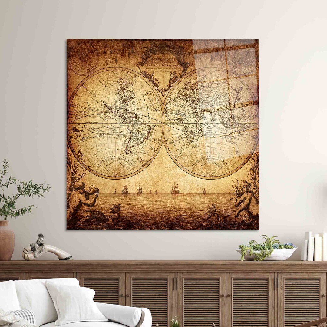 Tempered Glass, Mural Art, Glass Printing, Vintage World Map, Brown ...