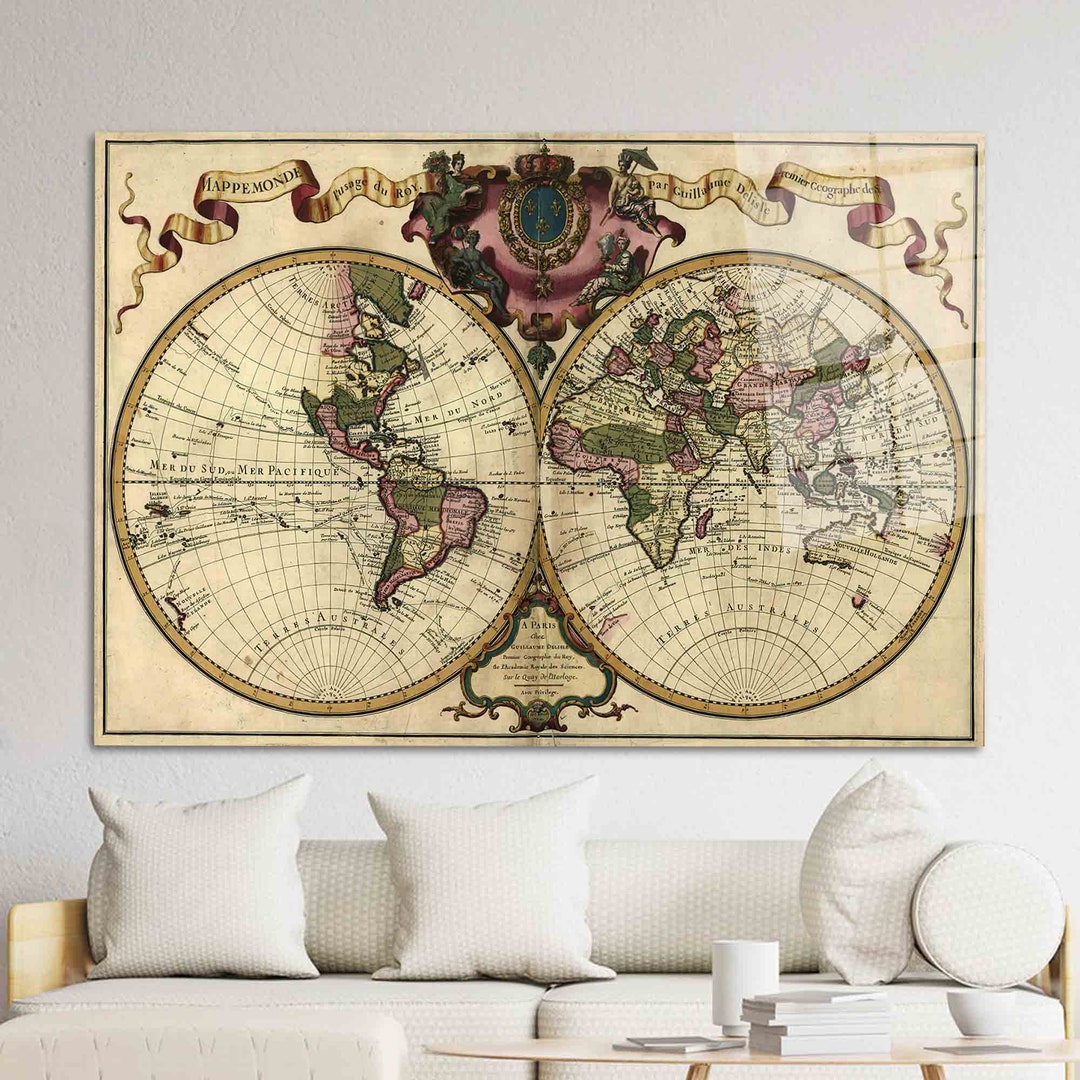 Old World Map Wall Art, Vintage Map Wall Decor, Map Glass Wall Art ...