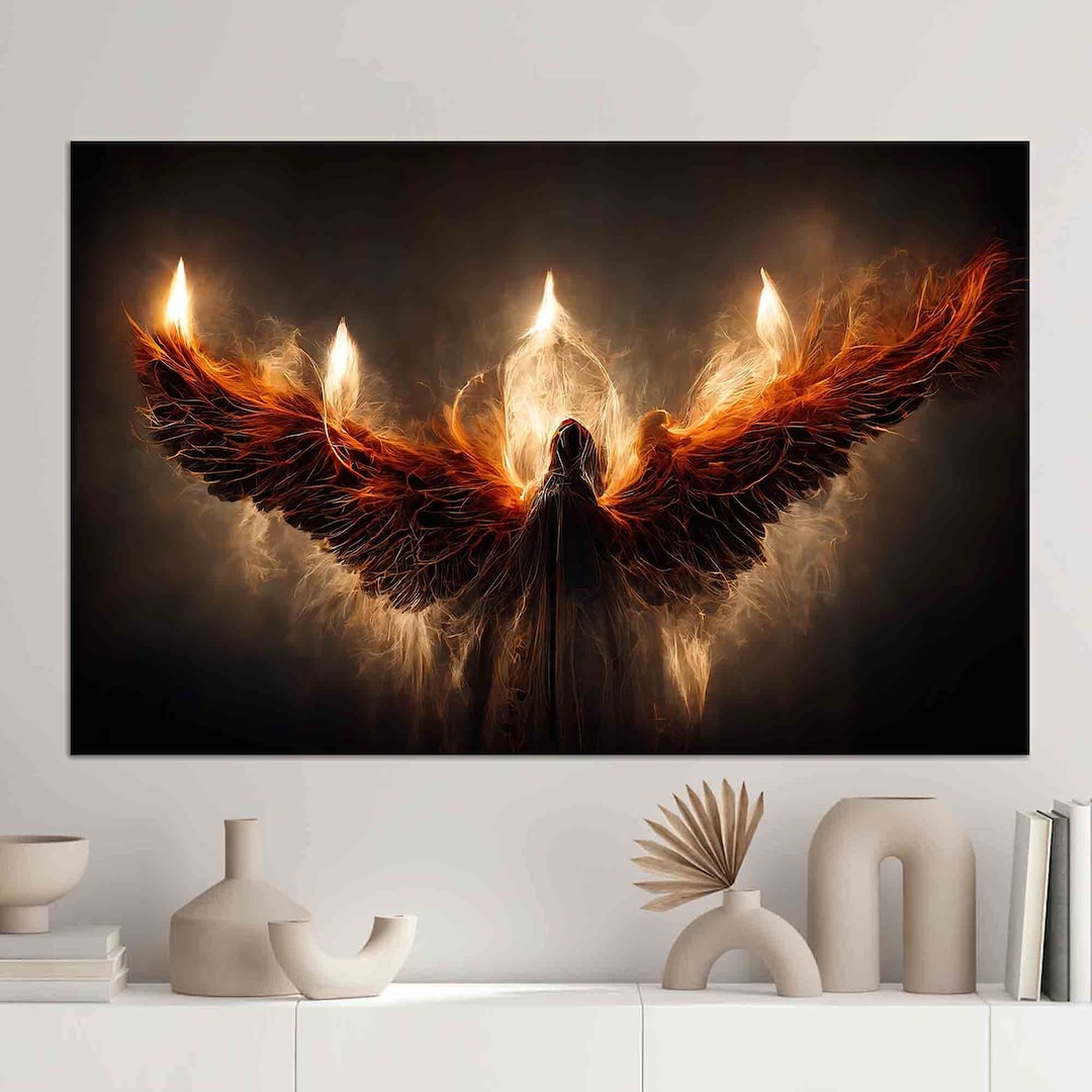 Painting on Canvas, Lucifer With Glowing Fire Wings, Living Room Wall ...