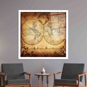 Tempered Glass, Mural Art, Glass Printing, Vintage World Map, Brown ...